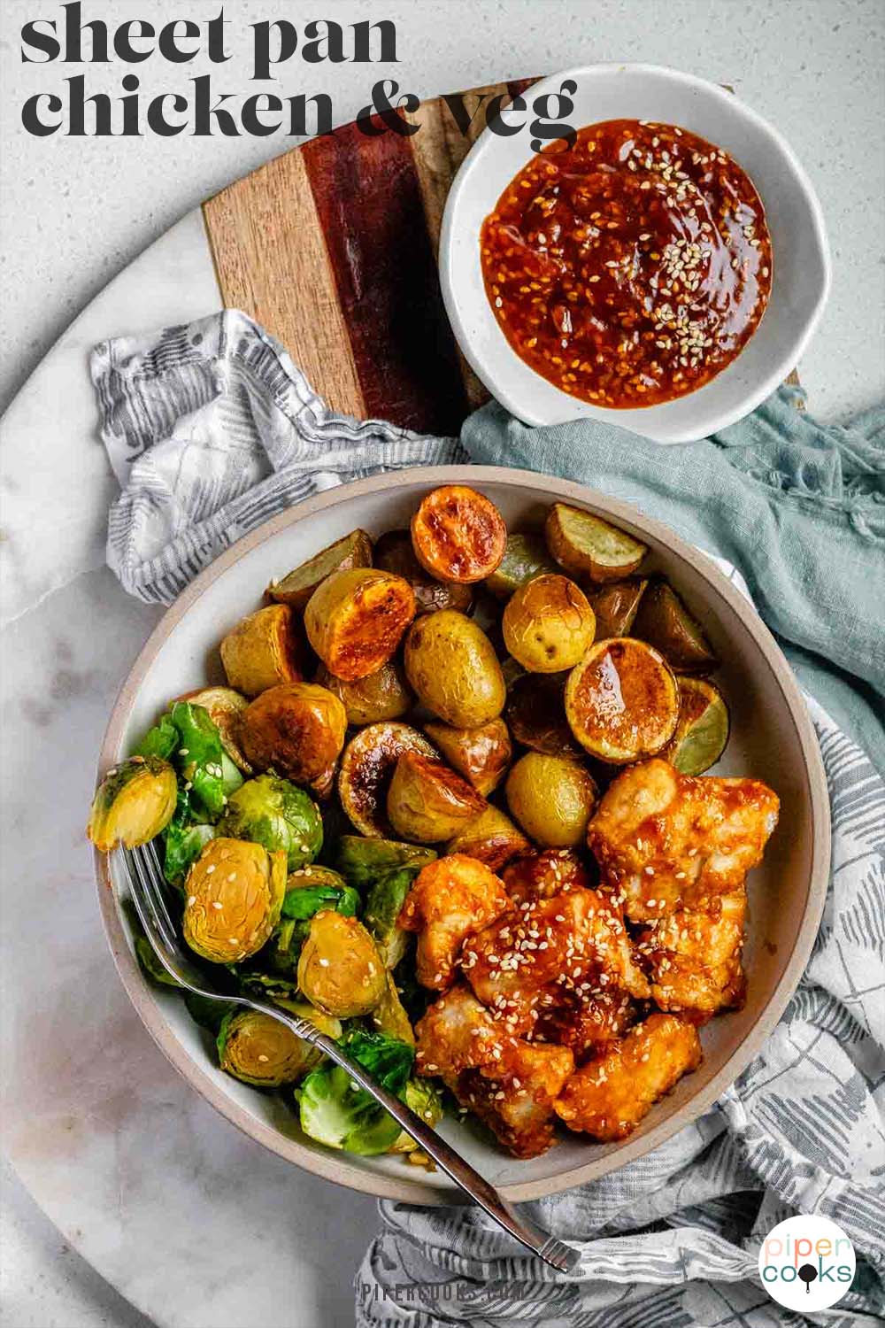 Sheet Pan Spicy Sesame Chicken and Brussels Sprouts - Piper Cooks